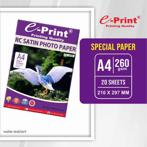 Kertas Foto RC Satin Photo Paper A4 260gsm 20lembar e-Print WATERPROOF ...