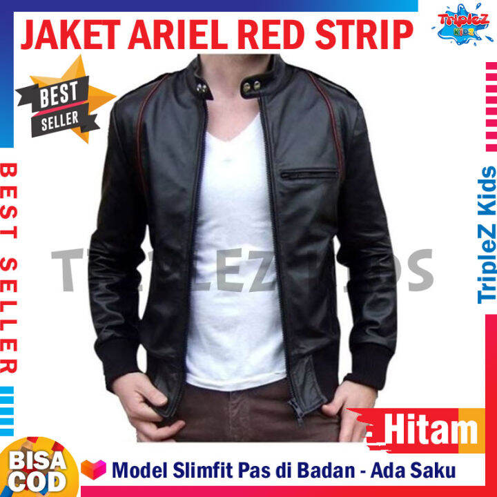 Zens Jaket Kulit Ariel Hitam STRIP MERAH - Jaket Ariel Semi Kulit SK24 ...