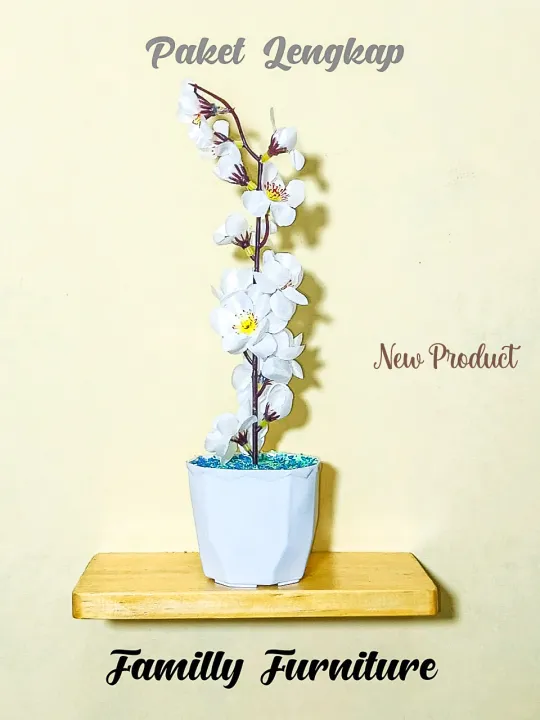 Rak dinding tempel berikut bunga plastik dan pot, bunga artifisial ...