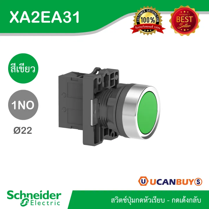 Schneider XA2EA31 สวิตช์ปุ่มกด ขนาด 22 mm, แบบกดเด้งกลับ, สีเขียว, 1NO ...