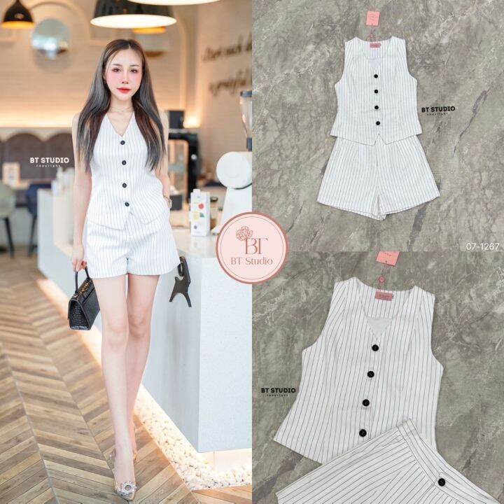 งานป้าย BT-Studio set 3ชิ้นเสื้อเบเซอร์แขนกุดคอวีกระดุมหน้าปลายชายตัดเว้าเล็กน้อย แมทซ์กับกางเกง ...
