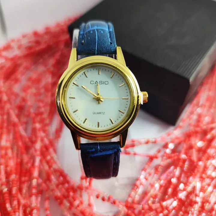 Casio Quartz White Dial Gold Frame Blue Leather Strap Watch for Women ...