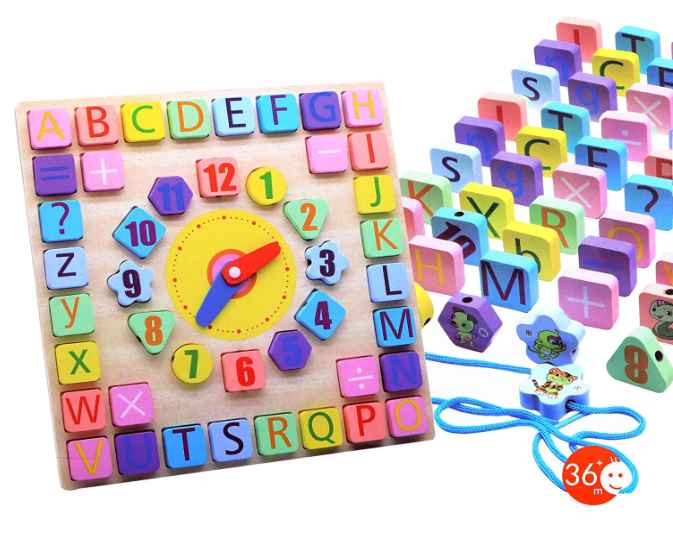 YMS 3 in 1 Wooden Puzzle Clock, abc And Lacing Beads, Shape sorting ...