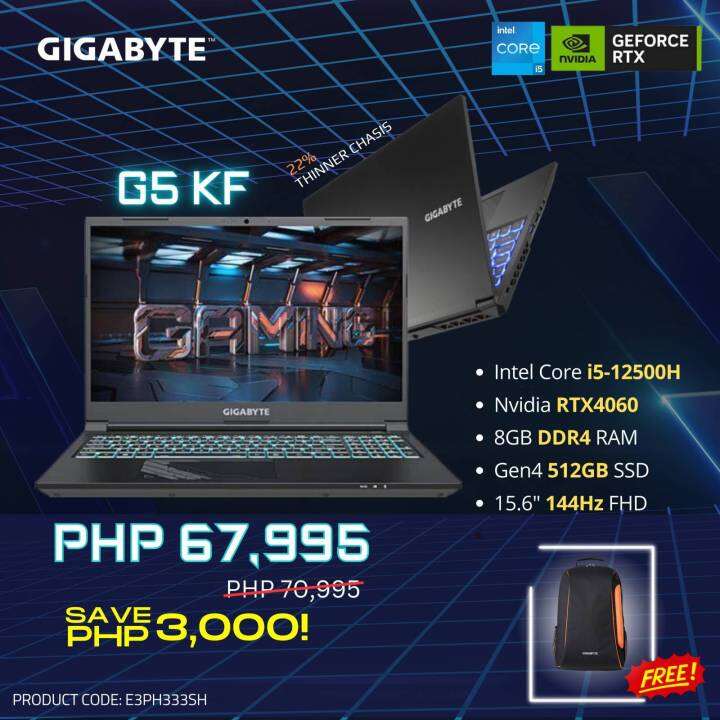 GIGABYTE G5-KF-E3PH333SH 15.6" 144HZ I5-12500H RTX4060 8G VRAM 8GB DDR4 512GB GEN4 SSD with Free ...