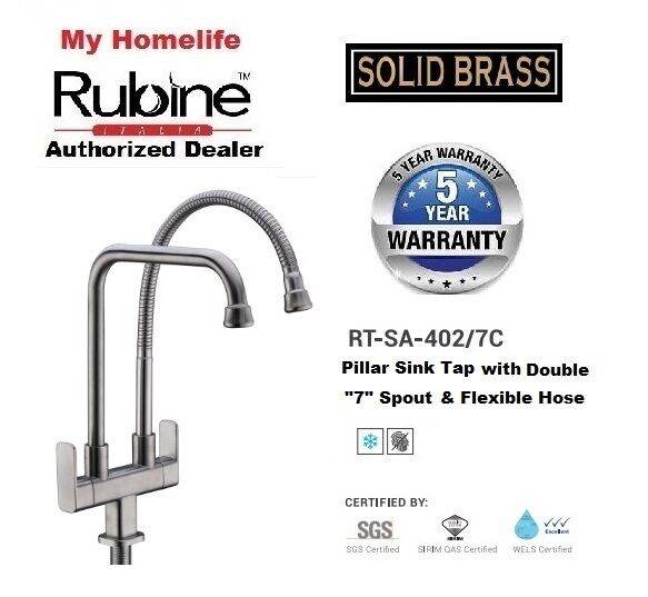 RUBINE RT-SA-402/7C SATIN SERIES DOUBLE PILLAR KITCHEN TAP FAUCET | Lazada