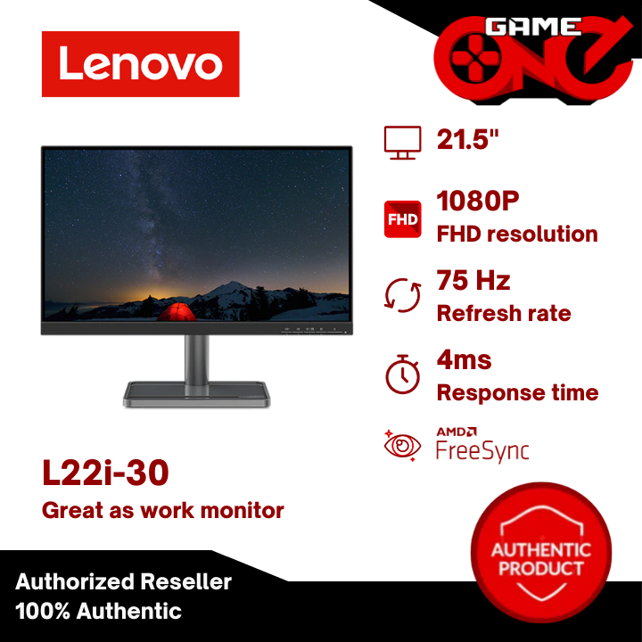 Lenovo L22i-30 21.5" FHD Work Monitor | 75Hz Refresh Rate, AMD FreeSync ...