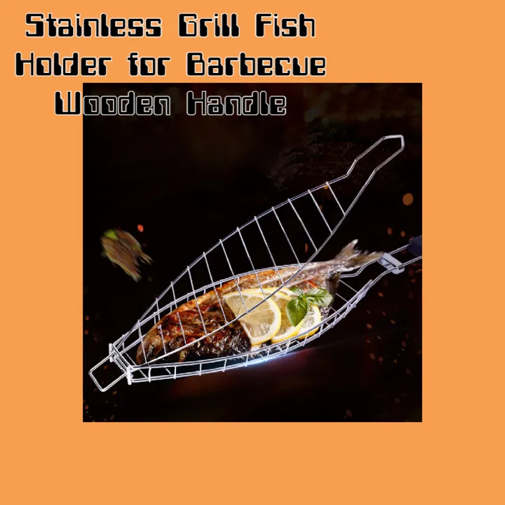 Stainless Grill Fish Holder for Barbecue Wooden Handle | Lazada PH