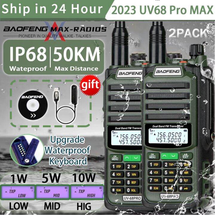 2Pack 10W Tri-Power Baofeng UV-68 PRO MAX V2 IP68 Waterproof Walkie Talkie High Power 711 ...