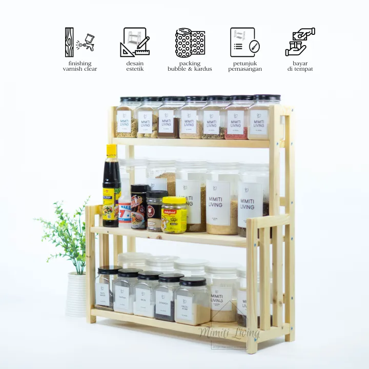 Rak Bumbu Estetik / Rak Bumbu Dapur Kayu 3 Susun / Rak serbaguna ...
