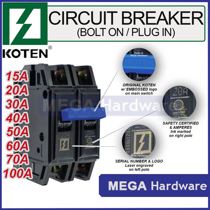 KOTEN CIRCUIT BREAKER (PLUG IN or BOLT ON) 15A 20A 30A 40A 50A 60A 70A 100A 2 POLE ORIGINAL ...