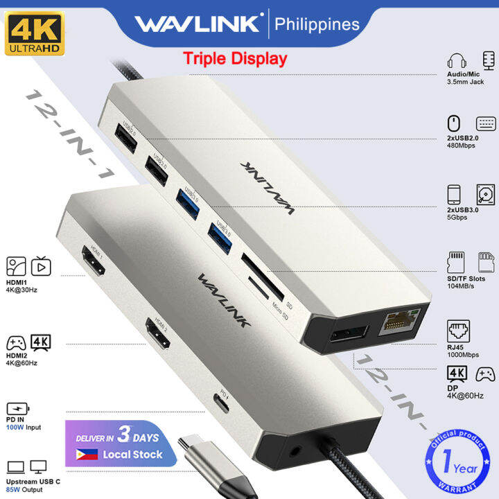 Wavlink 12-In-1 USB C Triple Monitor Extension Docking Station, 85W PD Charging Dual 4k HDMI ...