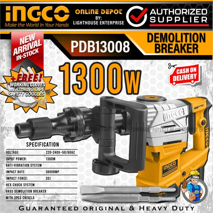 INGCO Industrial 1300W Demolition Breaker/Chipping Gun (PDB13008) w ...
