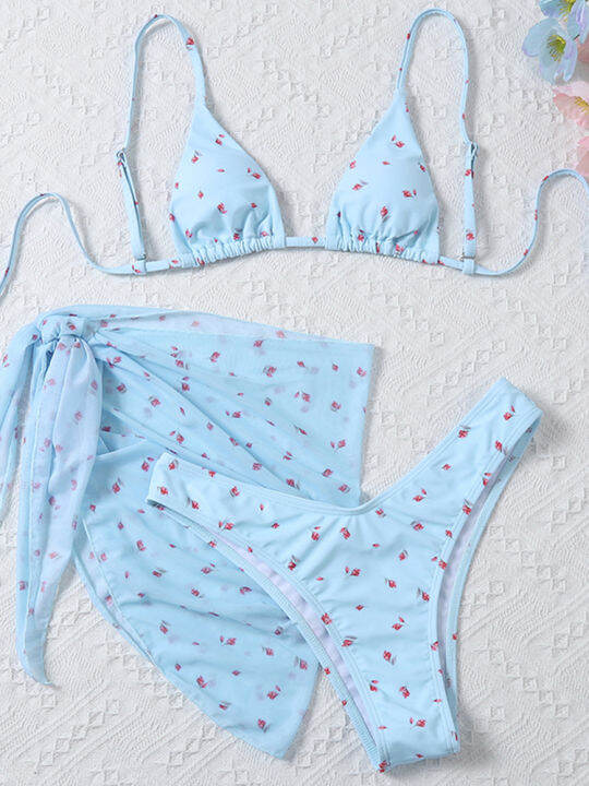 Peachtan Mesh 3 Pieces Bikini Set Floral Print Swimwear Female Traingle ...