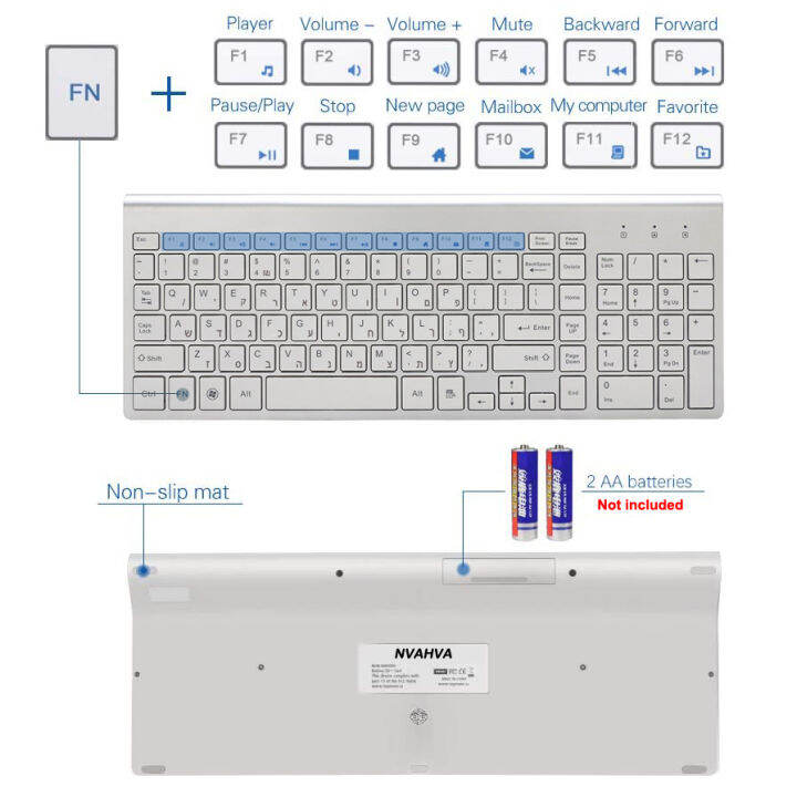 Hebrew&English Characters Low Noise 101 Keys Wireless Keyboard Mouse ...