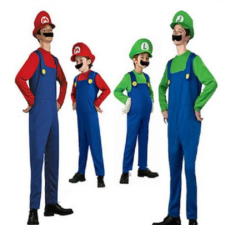Kids Adult Super Mario Bros Luigi Plumber Workman Halloween Cosplay ...