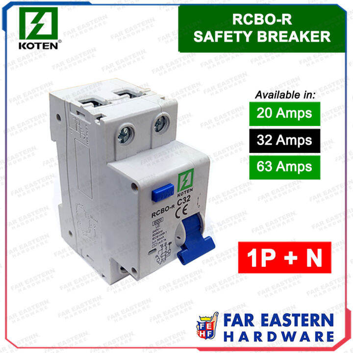 KOTEN RCBO R Electrical Safety Breaker 1 Pole + Neutral 1P+N 20A | 32A | 63A | Lazada PH