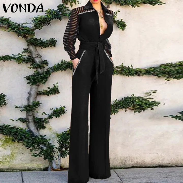 Vonda Women Casual Long Sleeve Lace Up Jumpsuits Elegant Design Party