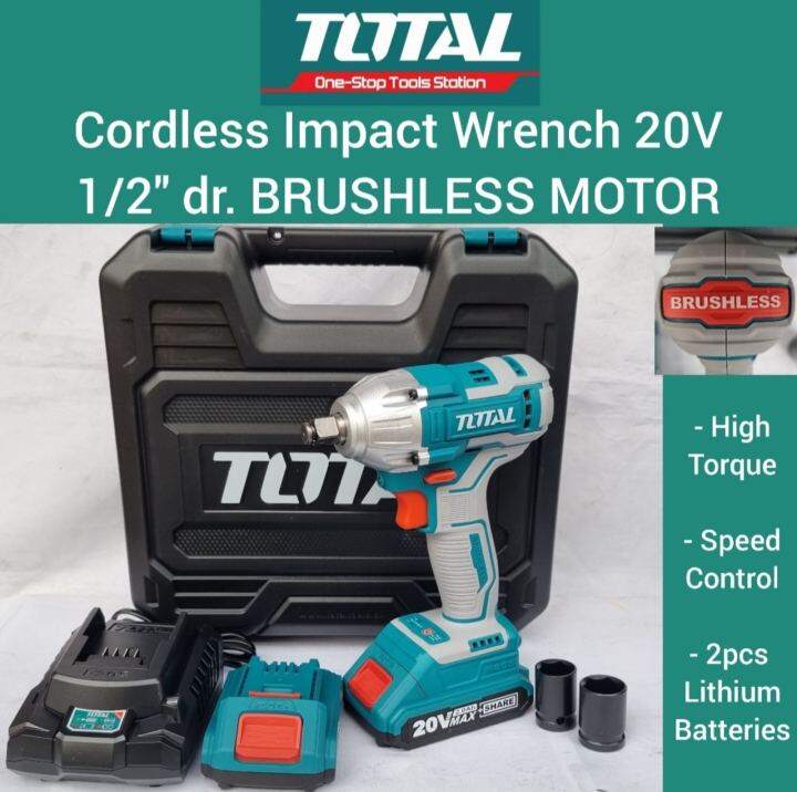 TOTAL Cordless Impact Wrench 20V 1/2" - drive BRUSHLESS Motor (INDUSTRIAL SERIES) , with 2-pcs ...