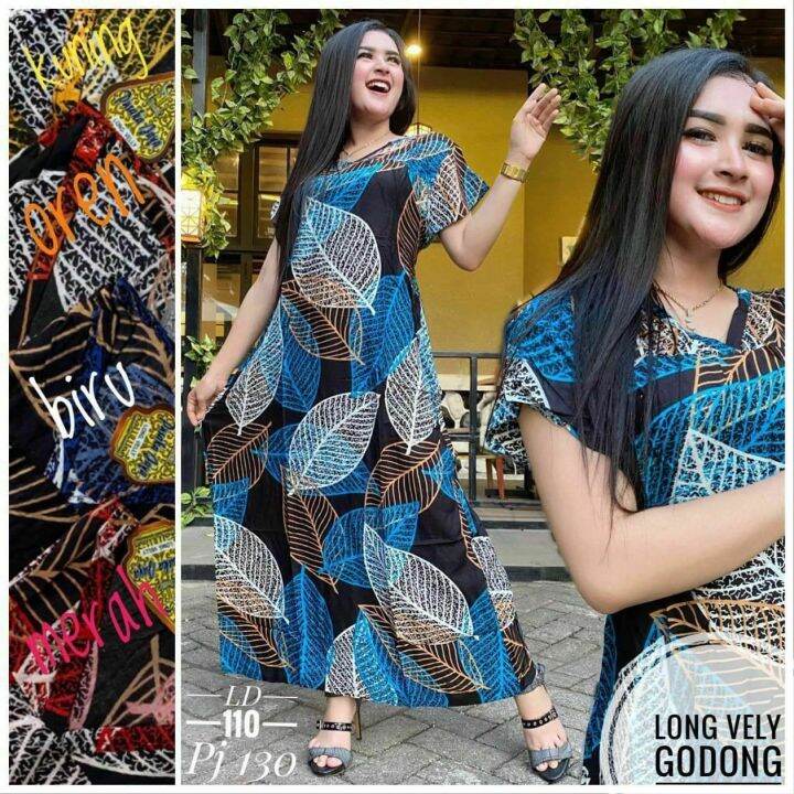 Pakaian wanita kain rayon motif daun model daster panjang gaun veli ...