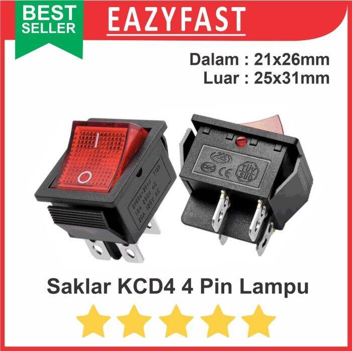 Saklar Rocker Switch Besar 25x31 Lampu KCD4 102 4 Pin Kaki 4P 220V AC ...