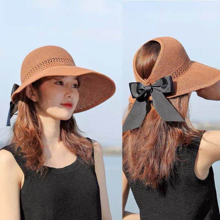 EMS new fashion Summer Beach Wide Brim Summer Hat Ribbon Straw Hat good ...