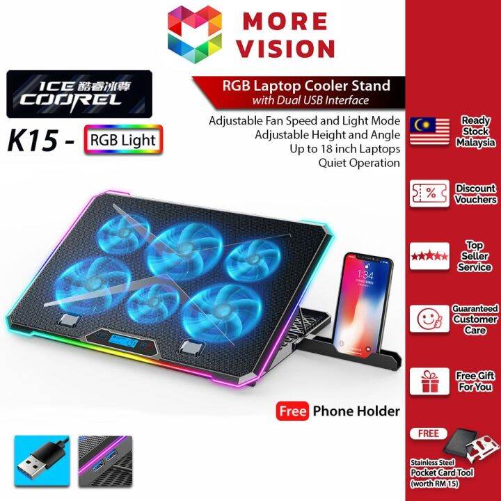 ICE COOREL K15 RGB Gaming Laptop Cooler Pad USB Phone Holder Adjustable ...