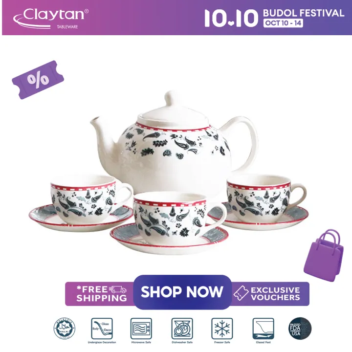 Claytan Cachemire 14 PC Ceramic Tea Set | Lead Safe and Microwave Safe ...