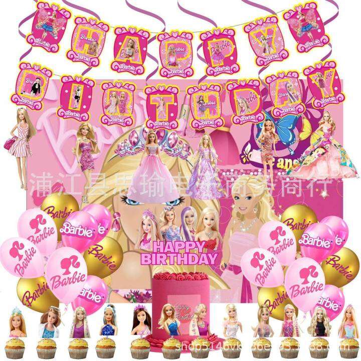 Barbie theme kids birthday party decorations banner cake topper ...
