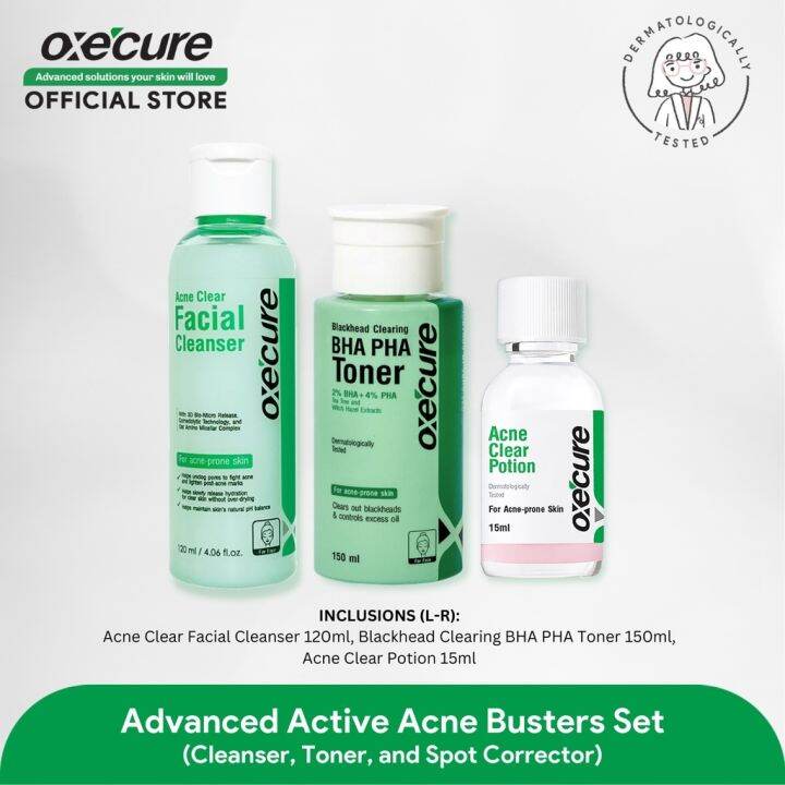 OXECURE Advanced Active Acne Busters Set (Cleanser Toner and Acne Clear ...