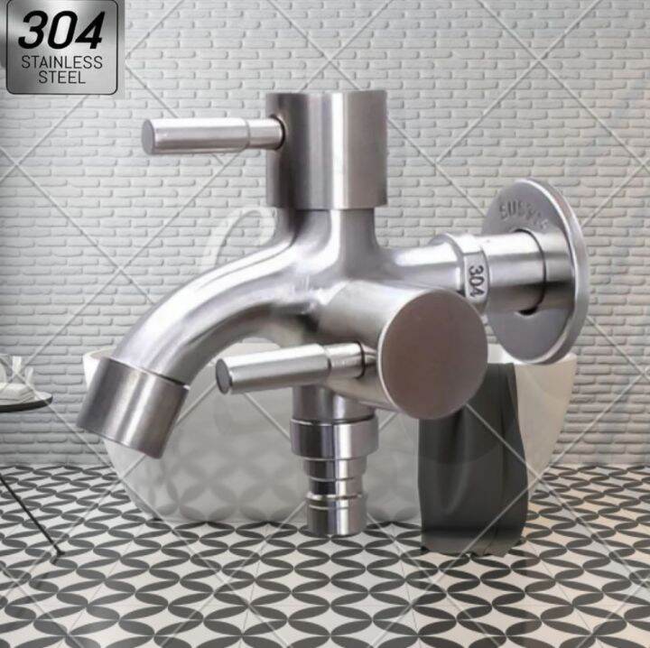 304 Stainless Steel 2 Way Faucet Valvet Bibcock Faucet 1 in 2 out Head Two Way Water Washer Tap ...