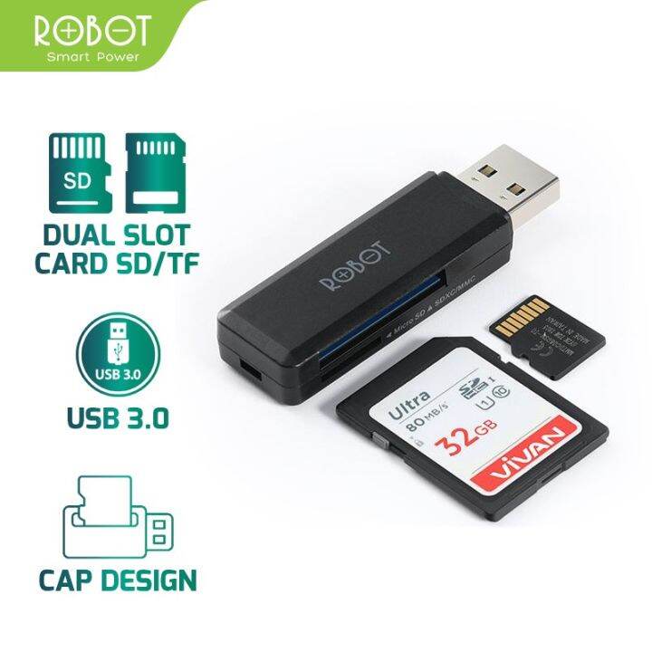 CARD READER ROBOT RT-CR102 USB3.0 Cap Desgn With 2 Slot TF / SD BLACK ...