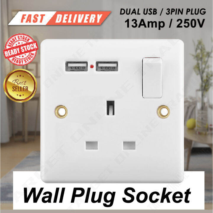 13A Fast Charging 3 Pin Plug Wall Socket with Dual USB Charging Ports ...