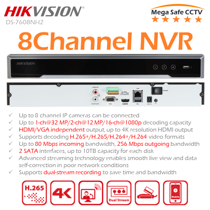 Hikvision DS-7608NI-I2 8Channel H.265 NVR, 2 SATA Interfaces, HDMI/VGA ...