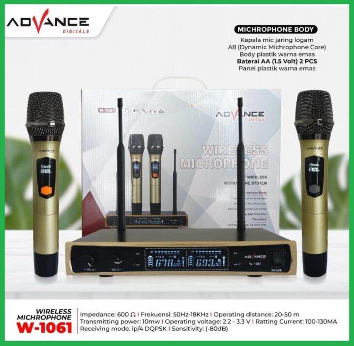 Mic Advance Microphone double wireless W 1061 warna emas Microphone ...