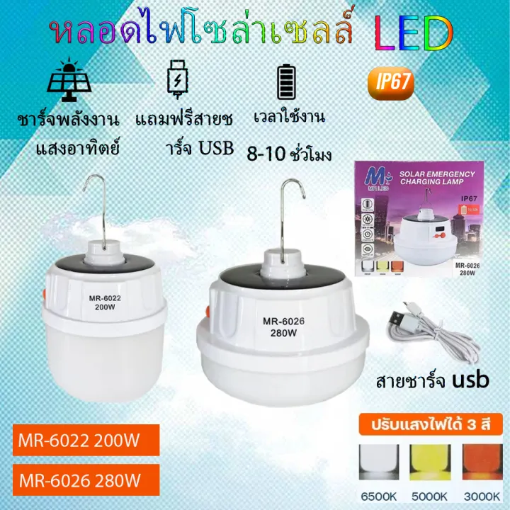 SHOP337หลอดไฟโซล่าเซลล์ 200W 280W หลอดไฟตุ้ม หลอดไฟพกพา Solar Light พลังงานแสงอาทิตย์ ปรับแสงได้ ...