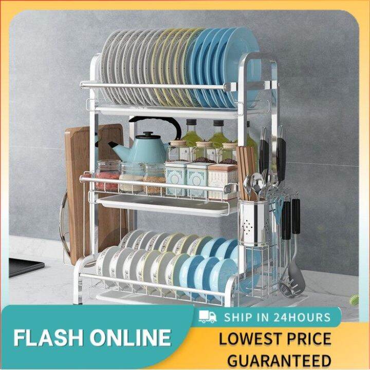 Kitchen Rack SUS 304 Stainless Steel Dish Rack Dish Drainer Rack Rak ...