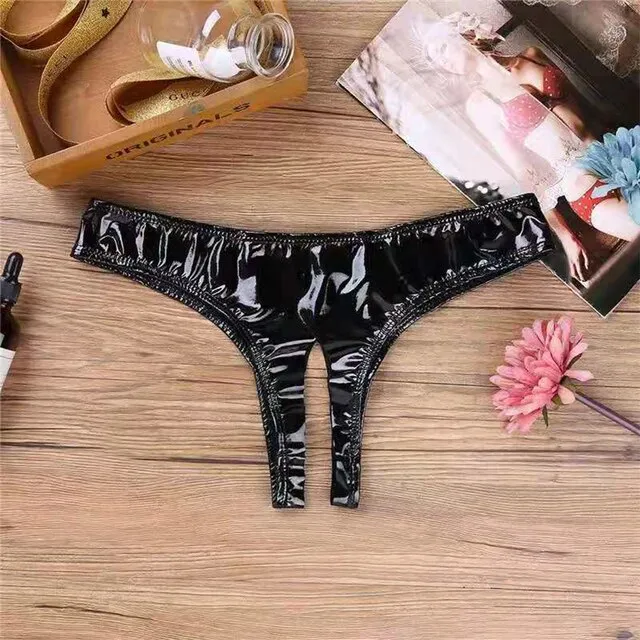 Womens Wet Pvc Open Crotch Briefs Cut Panties Sexy Party High G-string ...