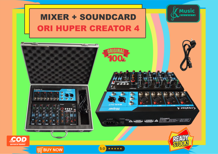 Original Mixer Huper Creator 4 ( COD ) 4 Chanel Bluetooth USB Soundcard Recording 99 Efek Vokal ...