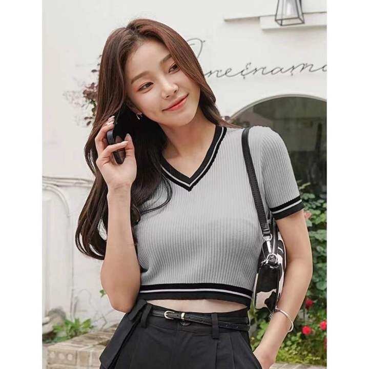 V Neck Ringer Tops Garter Crop Top H&T | Lazada PH