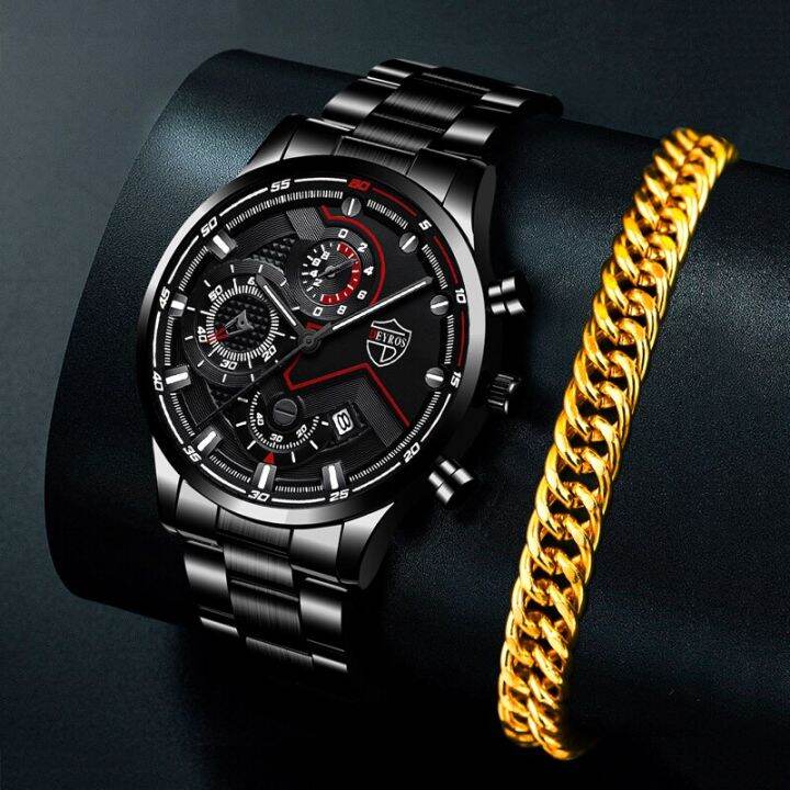 2ชิ้น DEYROS นาฬิกาสำหรับผู้ชายวันที่ส่องสว่างกันน้ำแบบดั้งเดิมนาฬิกา ...