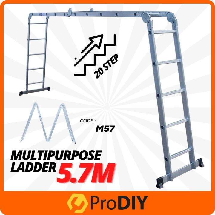 M57 20 Step Multipurpose Aluminium Ladder 5.7M Lightweight Adjustment ...