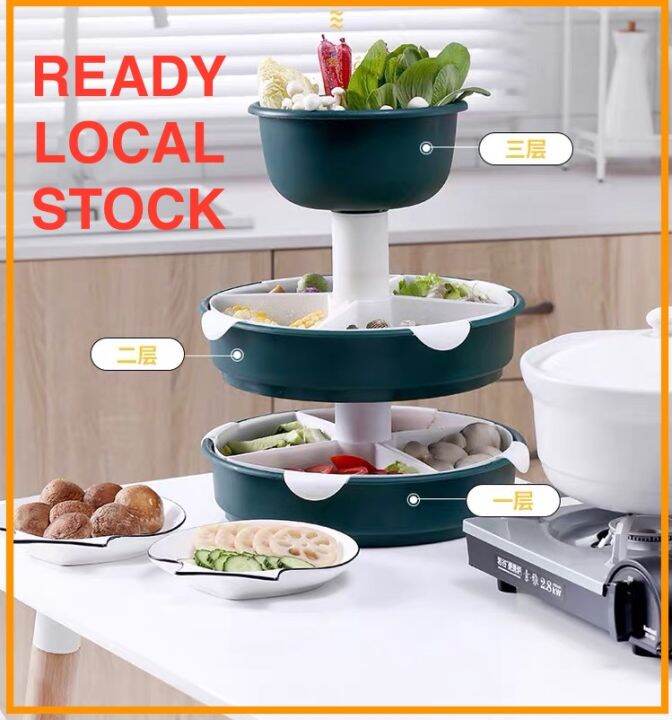 3 LEVELS Rotating Hot Pot Platter Vegetable & Fruit Multifunctional ...