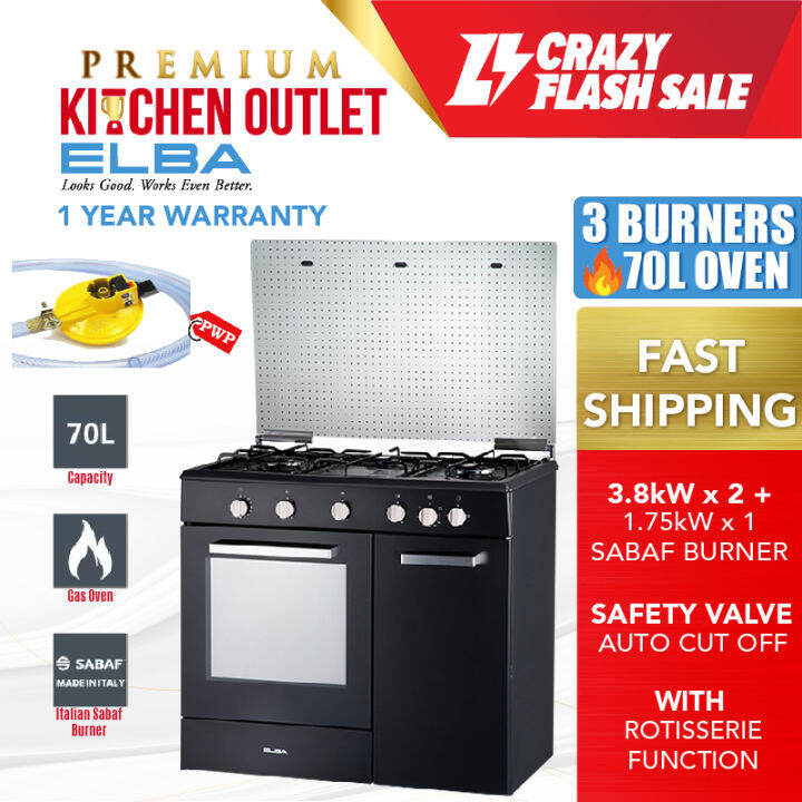 Elba 3 Sabaf Burners Gas Cooker with 70L Gas Oven EGC-C9703G(BK ...