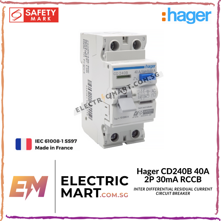 Hager CD240B 40A 2P 2 Pole 30mA AC Inter Differential Residual Current Circuit Breaker Device ...