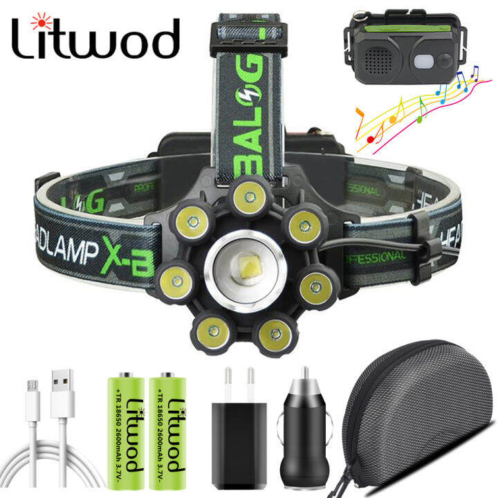 Smart Led Headlamp Bluetooth Speaker XM-L T6 Headlight 8000 Lumen Zoom USB Reachargeable 18650 ...