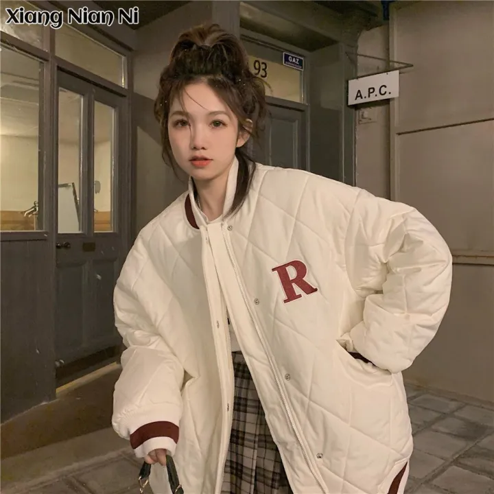 XIANG NIAN NI เสื้อโค้ทสำหรับผู้หญิงผ้าคอตตอนแจ็คเก็ตผ้าฝ้ายทรงหลวมฉบับภาษาเกาหลีเครื่องแบบเบส ...