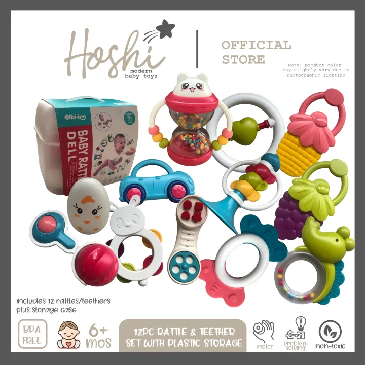 Hoshi Baby 12 PC Rattle and Teether Set with Container, Silicone ...