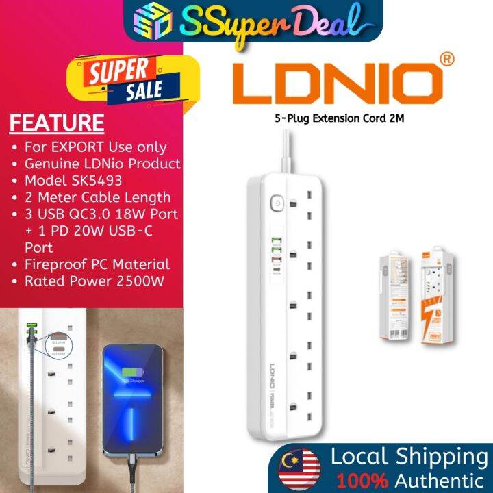LDNIO SC5415 MULTI-FUNCTION POWER STRIP WITH 5 POWER SOCKETS + 20W PD ...