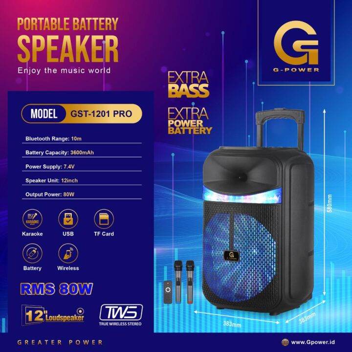 G-POWER PORTABLE BATTERY SPEAKER GST-1201 PRO EXTRA BASS FREE 2 MIC ...