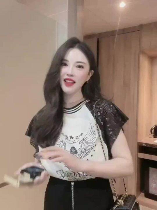 คอกลมแขนยาวแบบหลวมสำหรับฤดูร้อน ins เสื้อรุ่นใหม่แขนสั้นปกปิดเนื้อผู้หญิง 2023T เสื้อยืดปัก ...